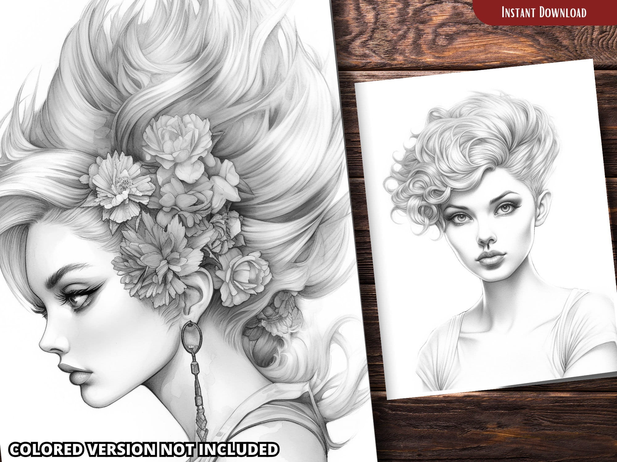 Hair Style Coloring Pages for Adults and for Kids, Grayscale Coloring ...