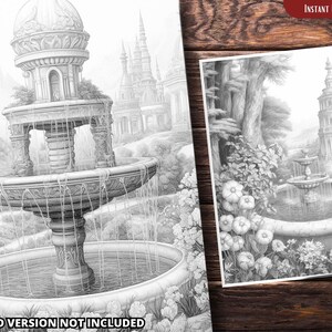 Fountain Coloring Pages for Adults and for Kids, Grayscale Coloring ...