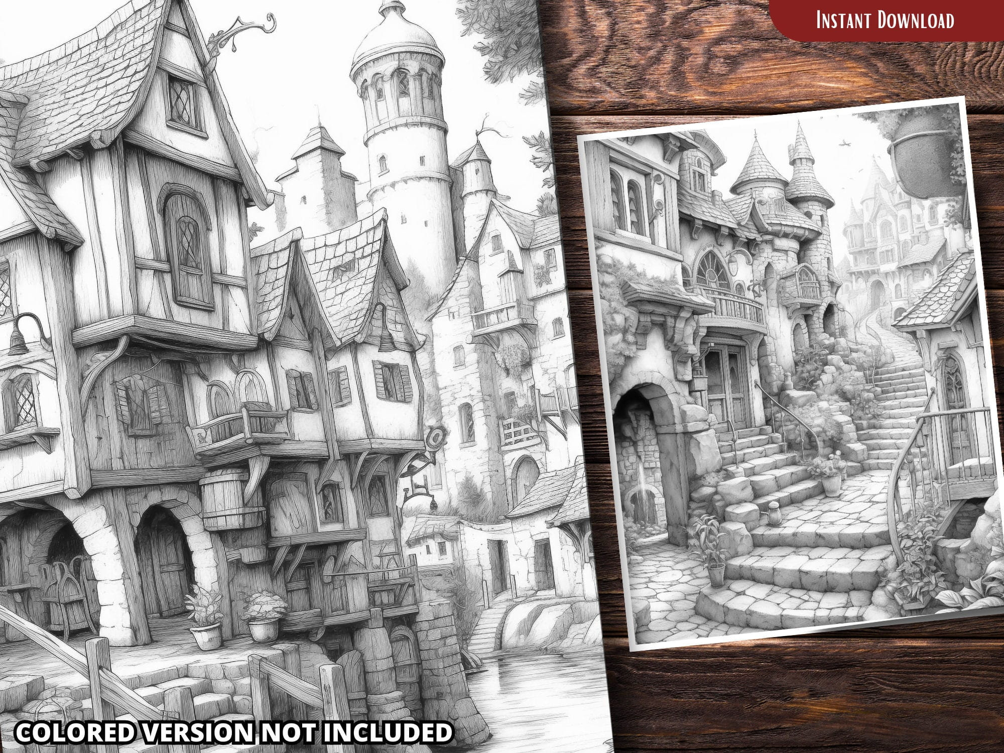 Fantasy Fairy Town Coloring Pages for Adults and for Kids for Relax and ...