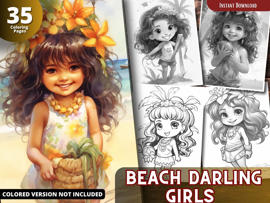 Beach Darling Girls Coloring Pages for Adults and for Kids, Grayscale ...