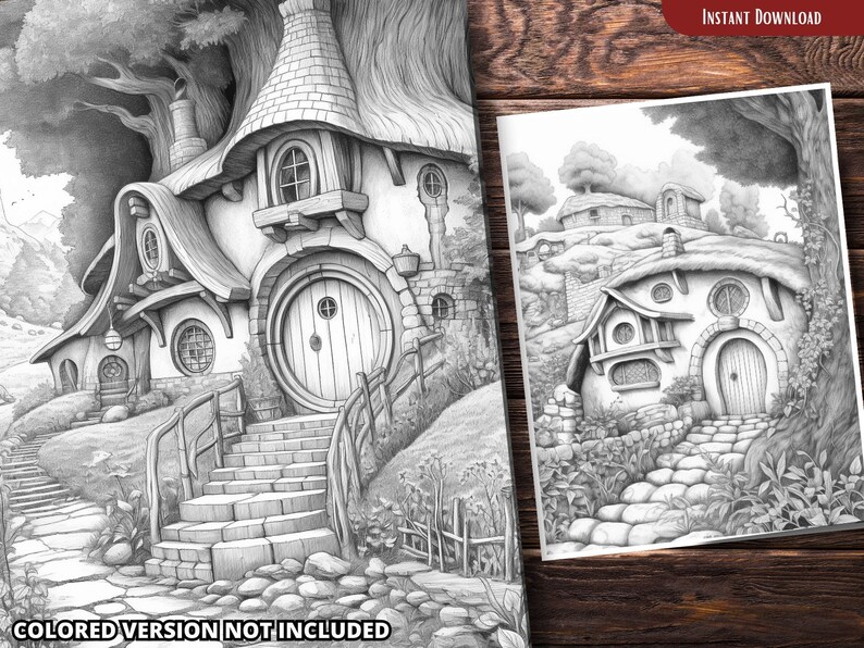 Hobbit Home Grayscale Coloring Book, Stress Relief PDF (printable) - Etsy