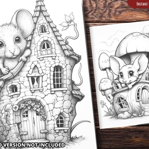 Mouse House Coloring Pages for Adults and for Kids, Grayscale Coloring ...