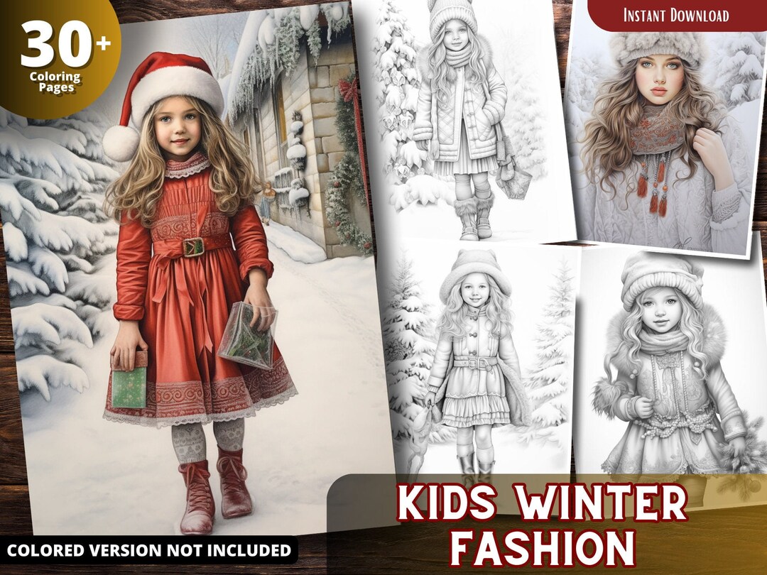Kids Winter Fashion Coloring Pages for Adults and for Kids Grayscale ...