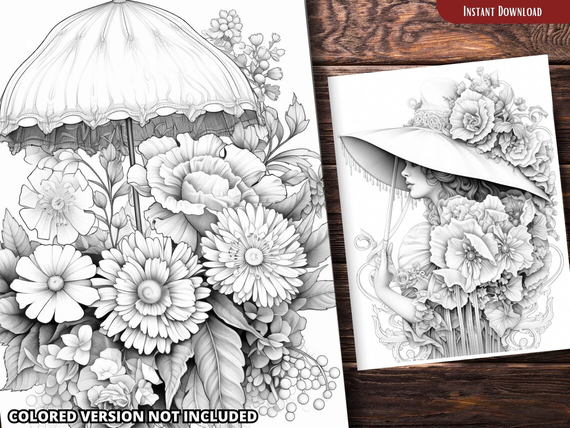Umbrella With Flowers Coloring Pages for Adults and for Kids Grayscale ...