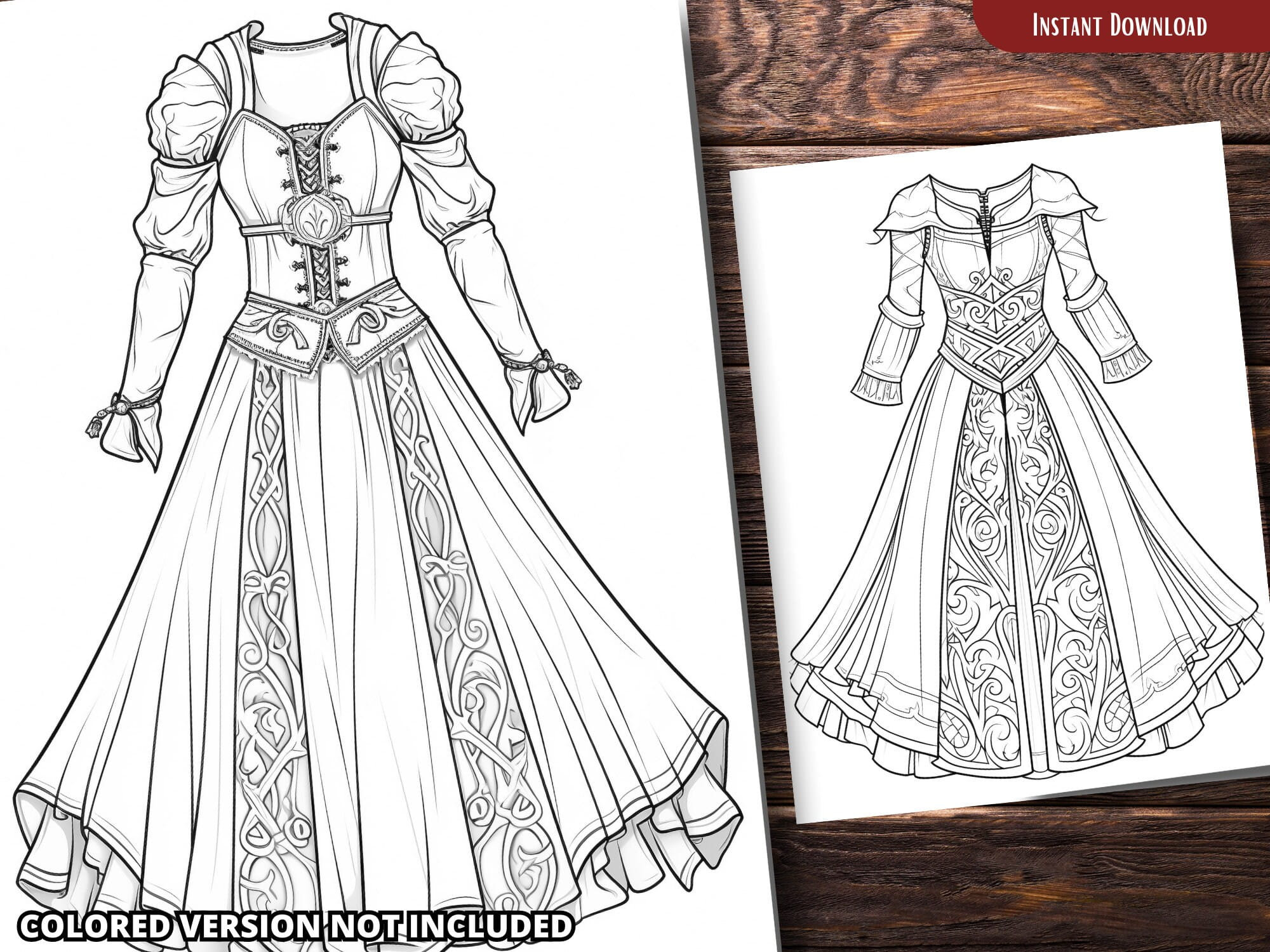 Medieval Dress Coloring Pages for Adults and for Kids Grayscale ...