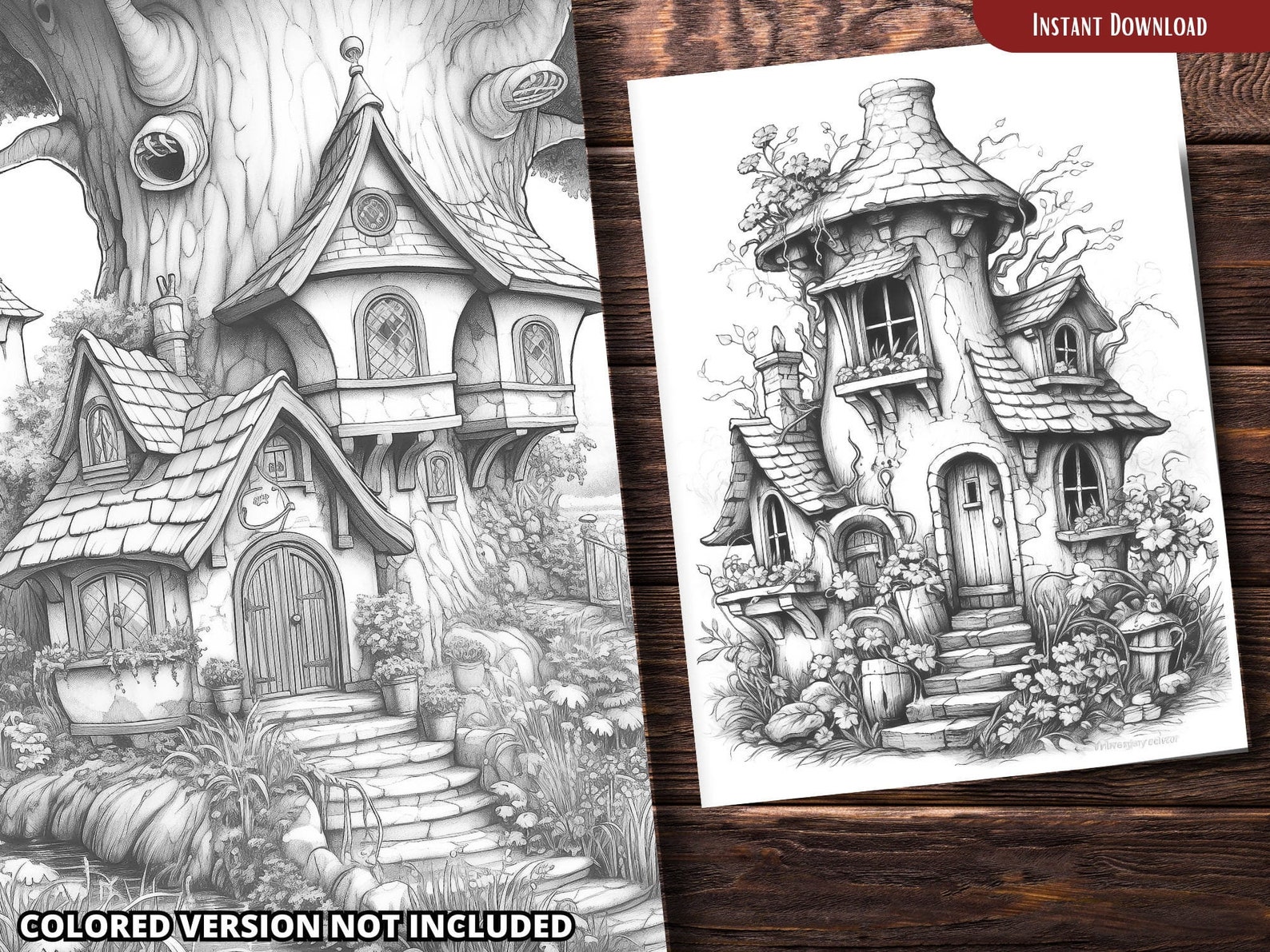 Fairy Houses Grayscale Coloring Pages for Adults and Kids (printable ...