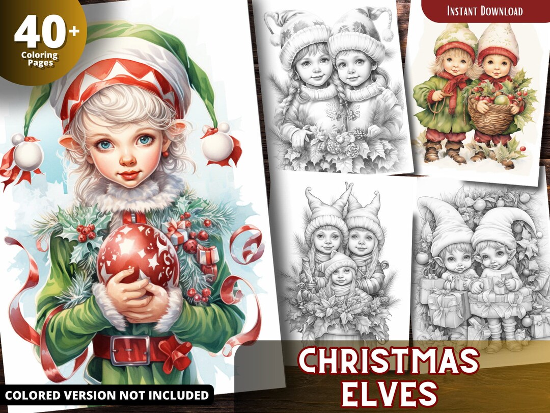 Christmas Elves Grayscale Coloring Book, Printable Pages (PDF) - Etsy