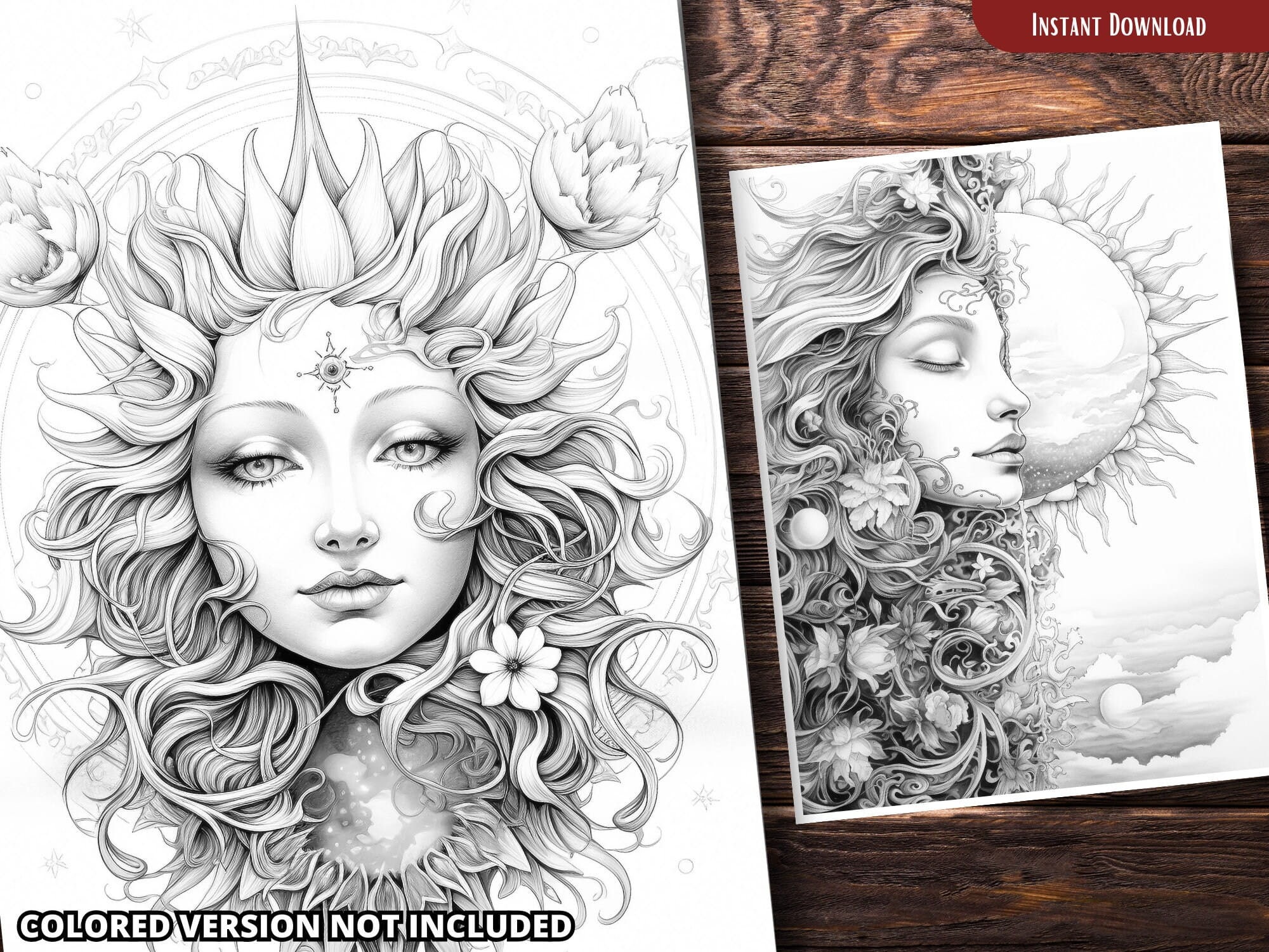 Sun and Moons Coloring Pages for Adults and for Kids Grayscale Coloring ...
