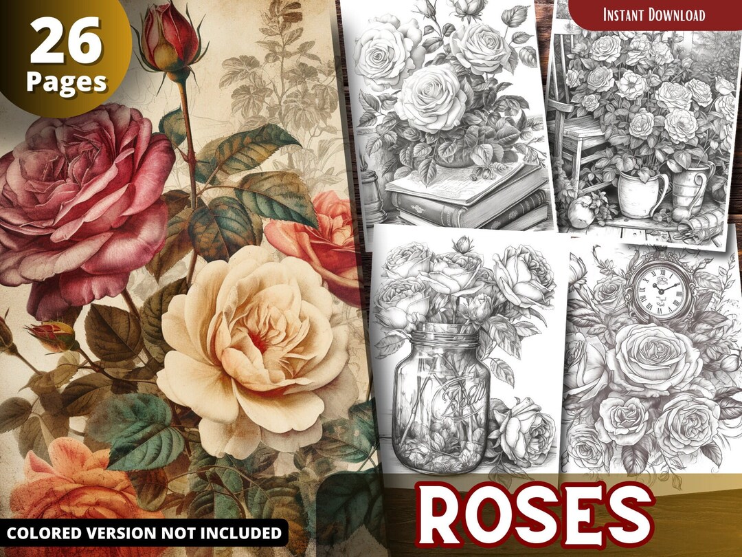 Roses Coloring Pages for Adults and for Kids Grayscale Coloring Book ...