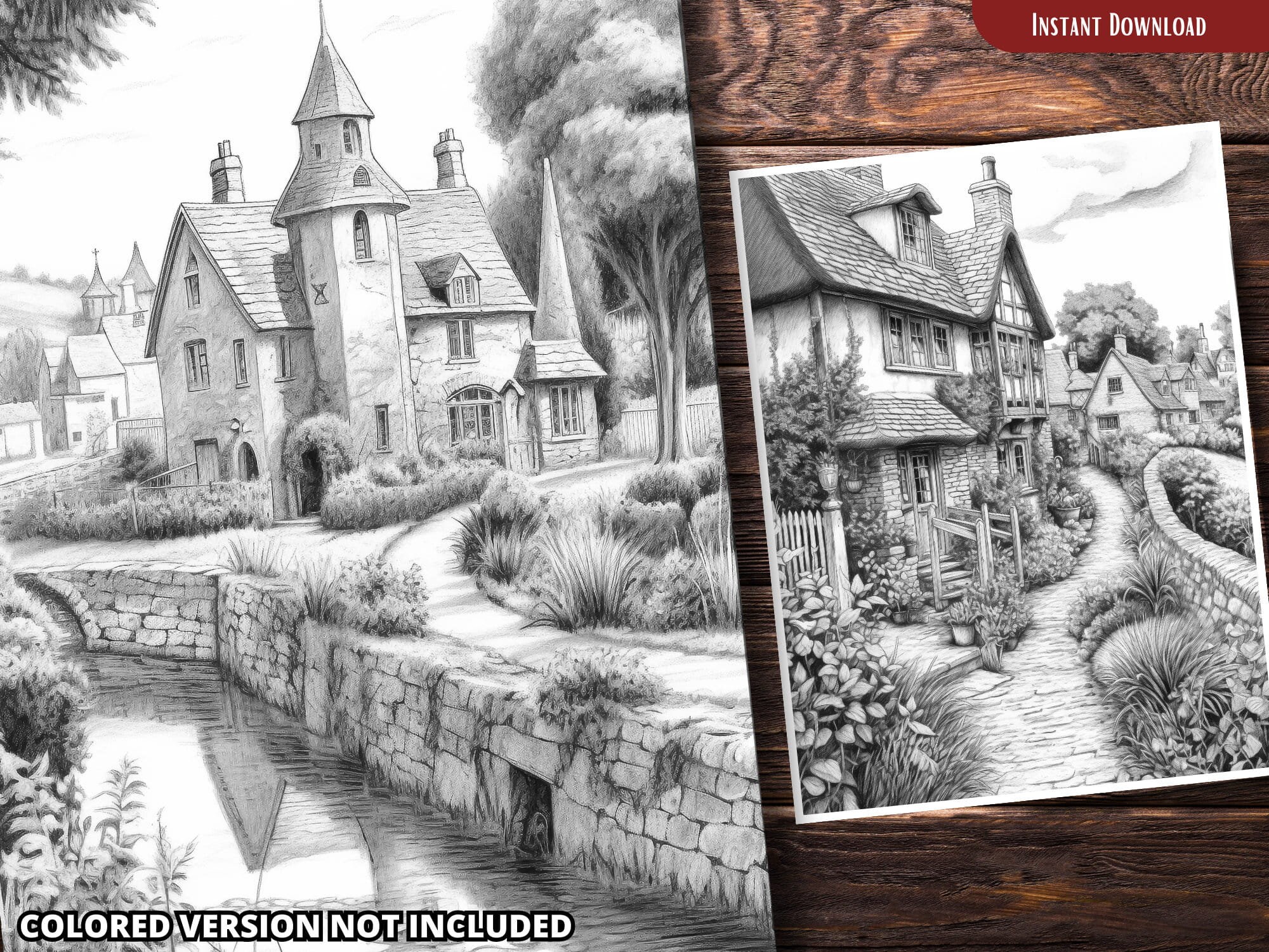English Countryside Village Coloring Pages for Adults and for Kids for ...