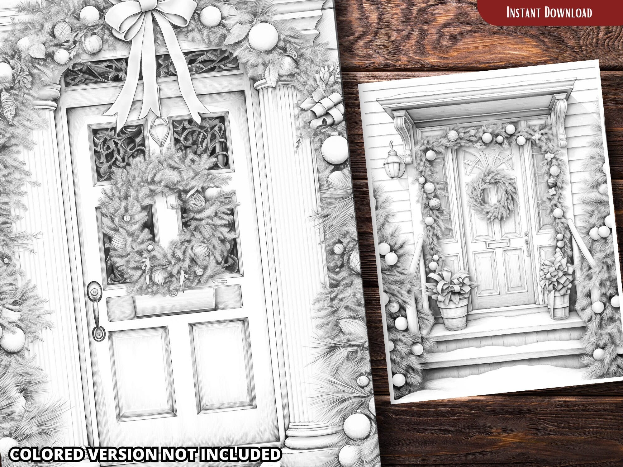 Christmas Doors Coloring Pages for Adults and for Kids Grayscale ...