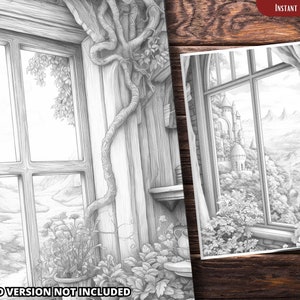 Fantasy Landscape Window View Coloring Pages for Adults and for Kids ...