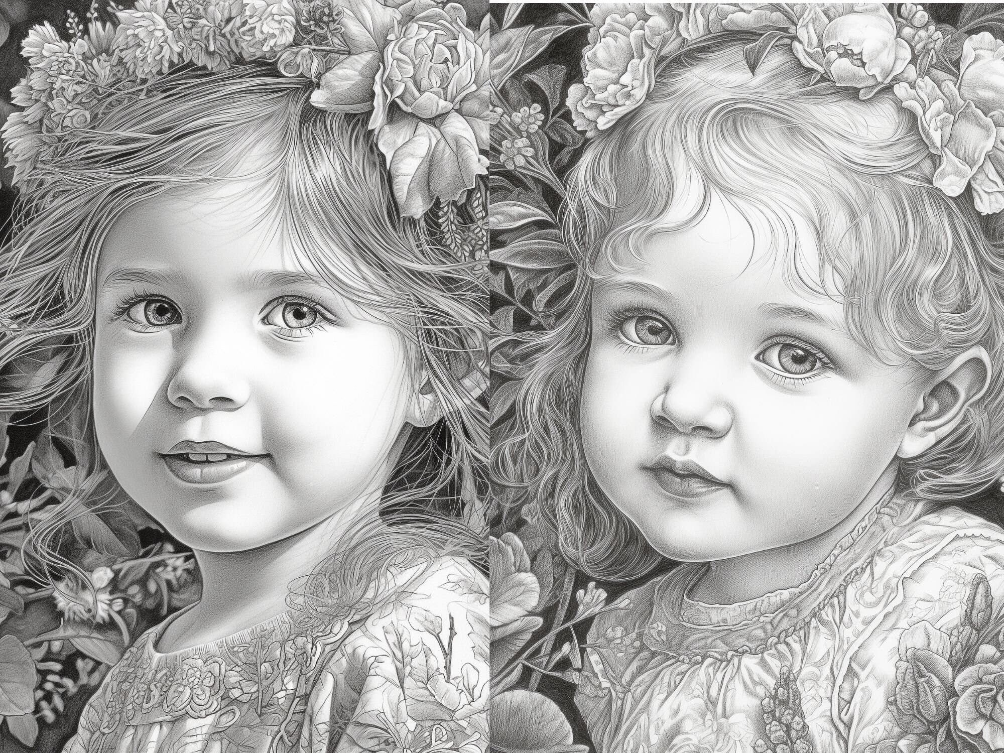 Spring Girls Coloring Pages for Adults and for Kids Grayscale Coloring ...