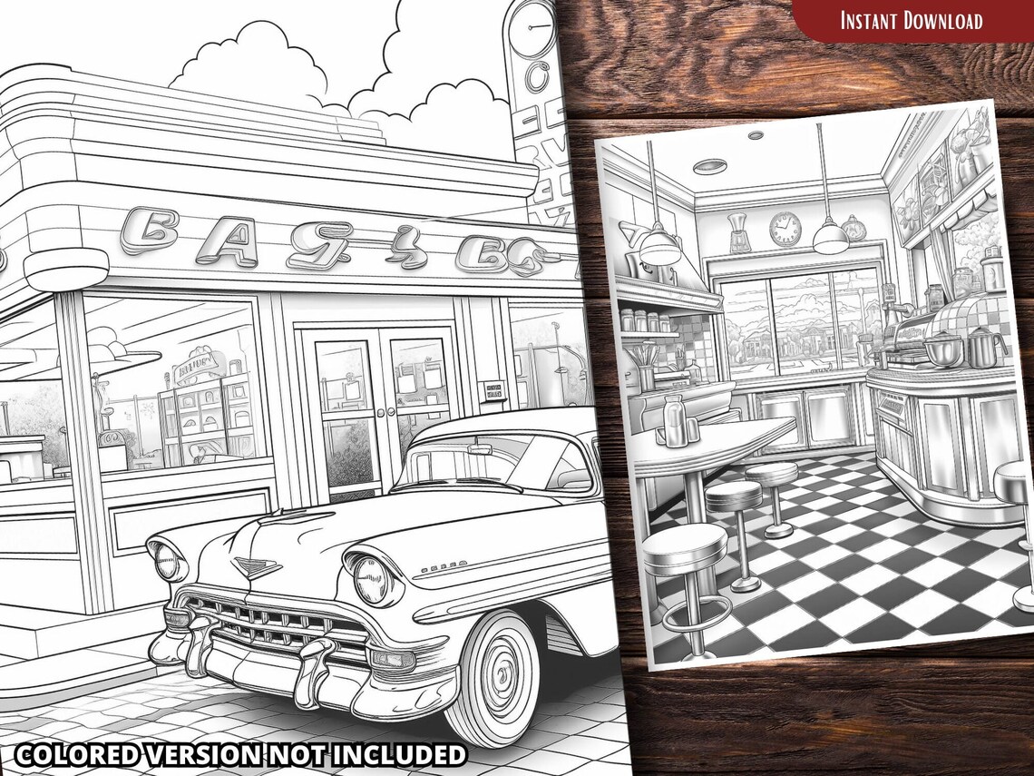 Classic 1950s Diner Coloring Pages for Adults and for Kids for Relax ...