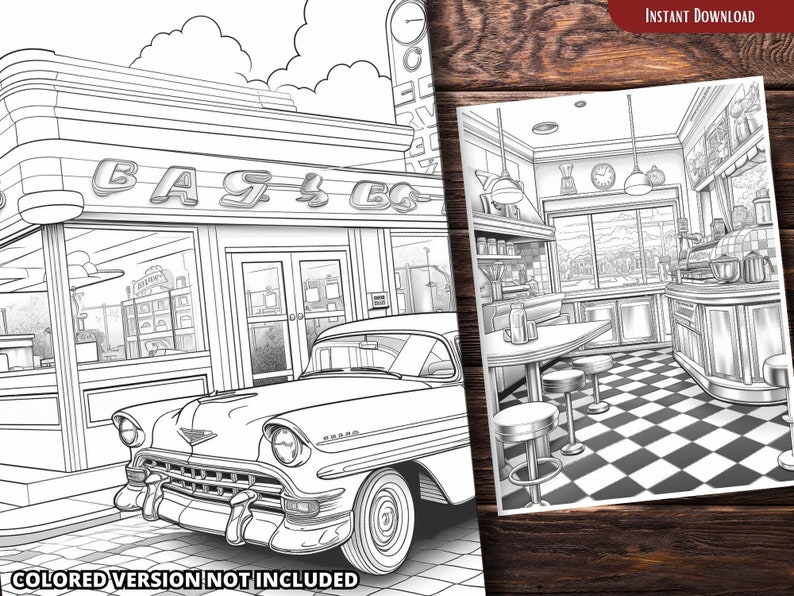 Classic 1950s Diner Coloring Pages for Adults and for Kids for Relax ...