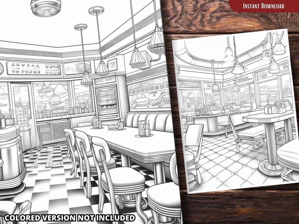Classic 1950s Diner Coloring Pages for Adults and for Kids for Relax ...