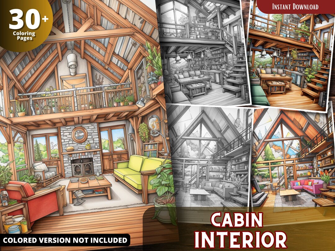Cabin Interior Relaxing Places Coloring Pages for Adults and for Kids ...