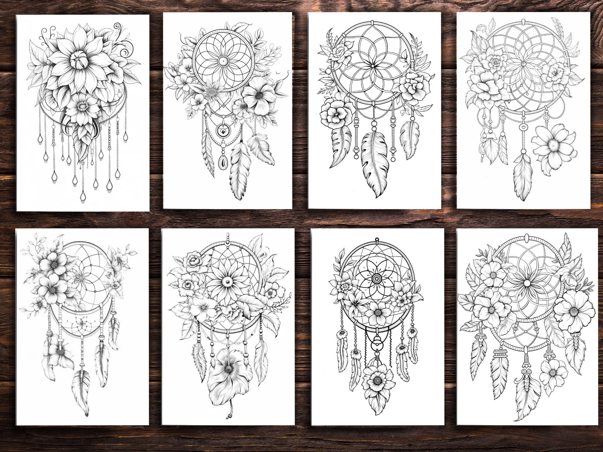 Dreamcatcher Flowers Coloring Pages for Adults and for Kids Grayscale ...