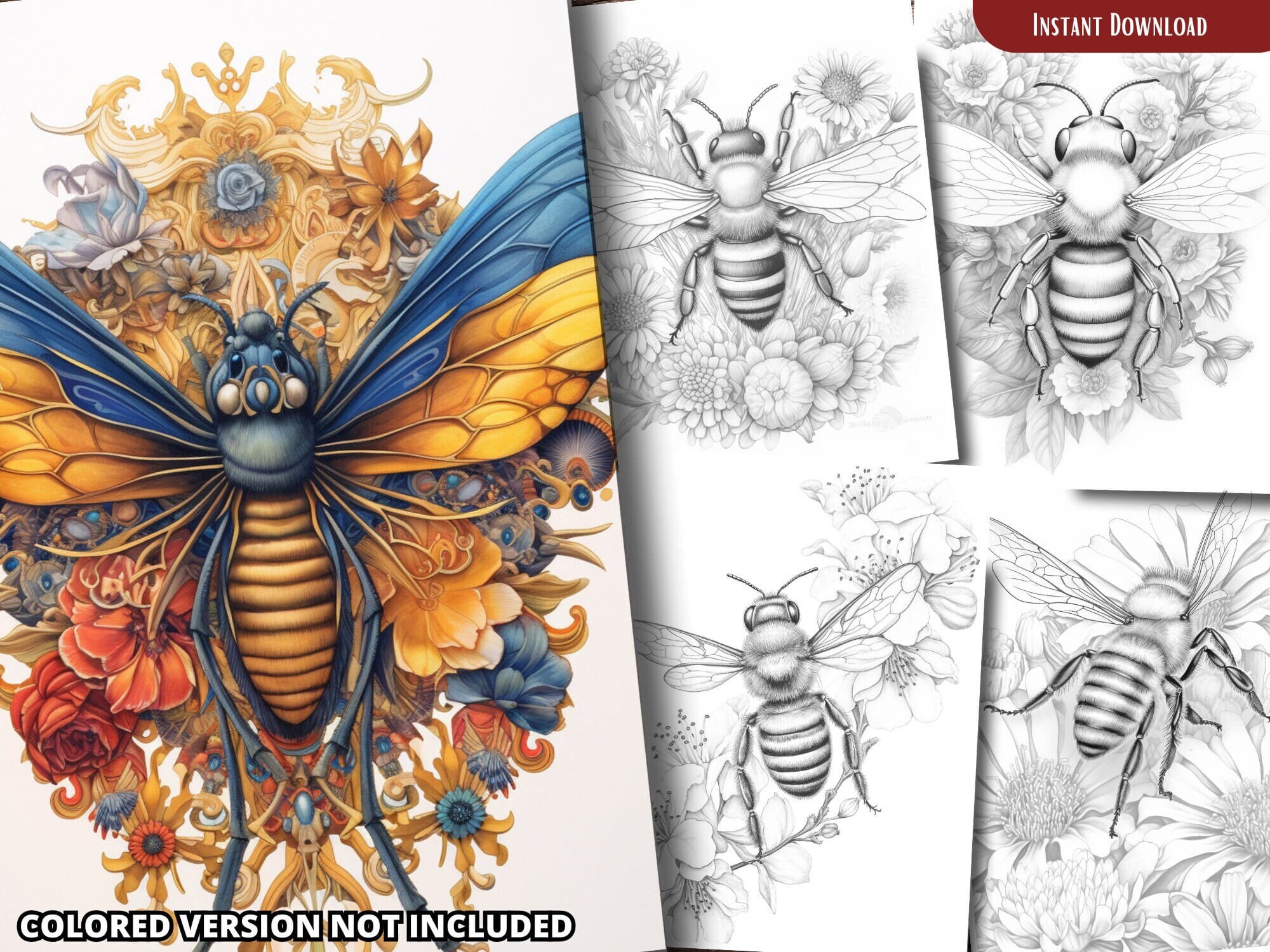Flying Insects Coloring Pages for Adults and for Kids, Grayscale ...