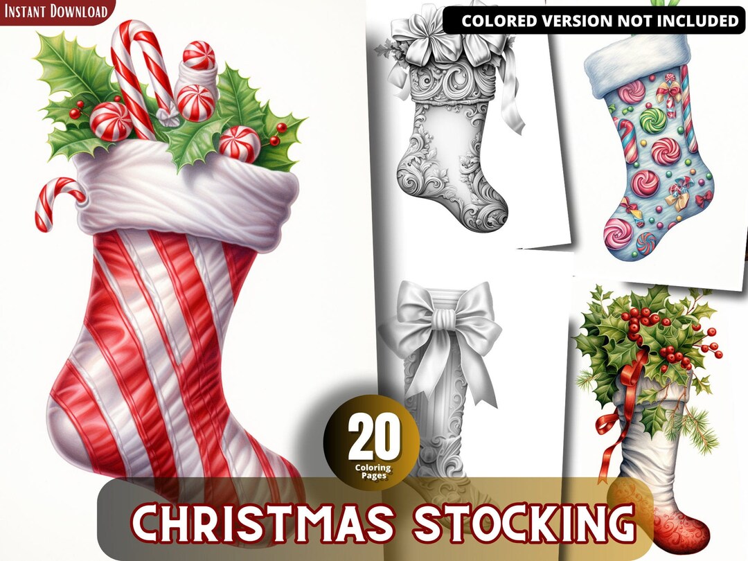 Christmas Stocking Coloring Pages for Adults and for Kids, Grayscale ...