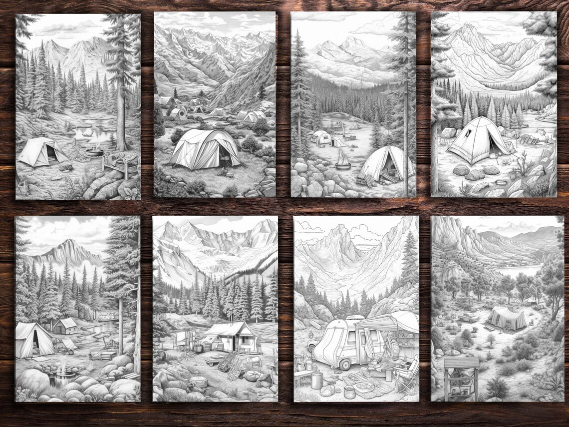 Camping Coloring Book, Landscape Coloring Pages for Adults and for Kids ...