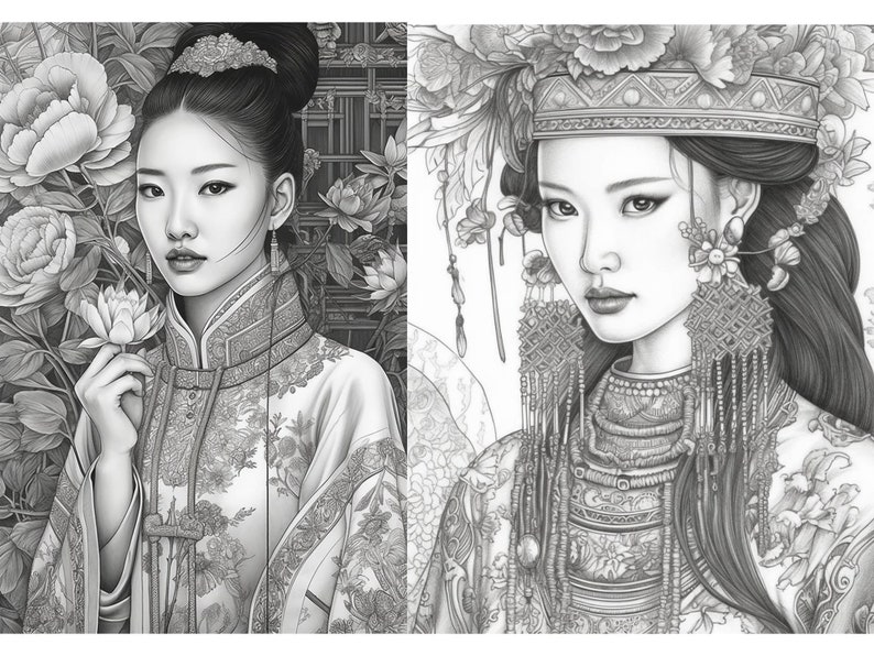 Asian Goddesses Portraits Coloring Pages for Adults and for Kids ...