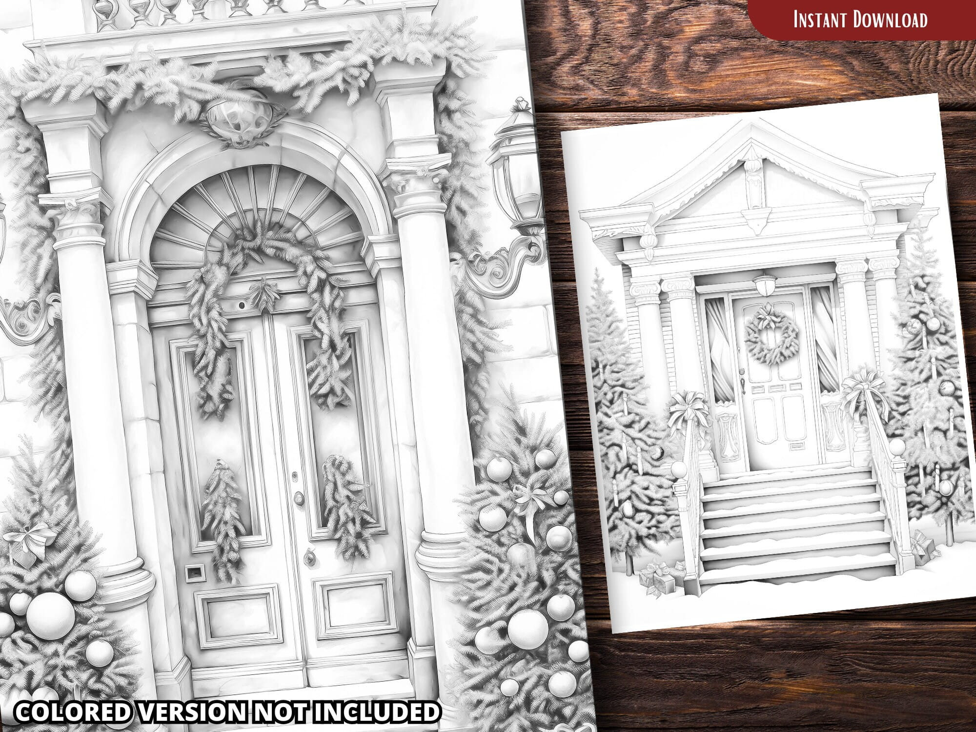 Christmas Doors Coloring Pages for Adults and for Kids Grayscale ...