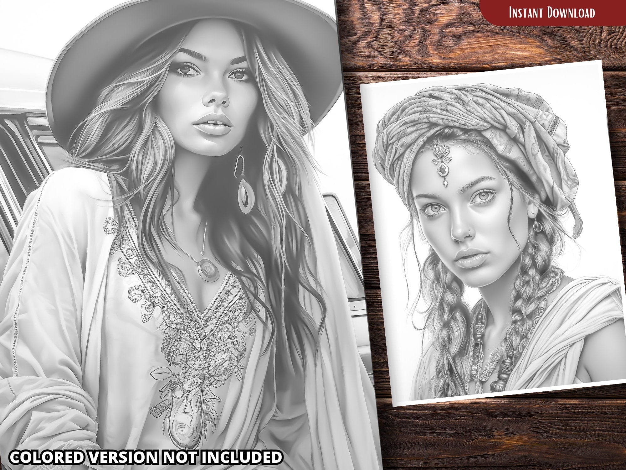 Gypsy Coloring Pages for Adults and for Kids Grayscale Coloring ...