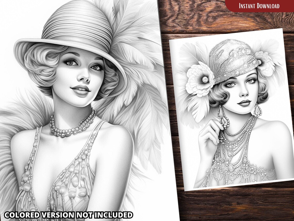 1920's Flapper Dancer Coloring Pages for Adults and for Kids Grayscale ...