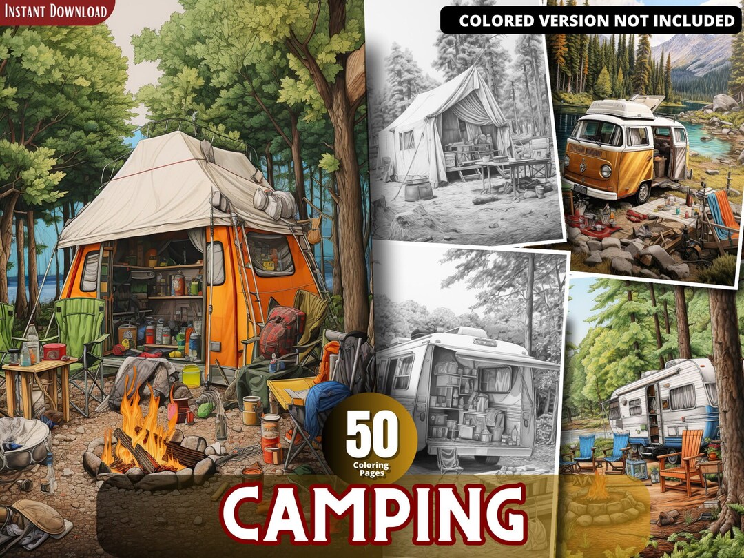 Camping Coloring Pages for Adults and for Kids for Relax and Stress ...