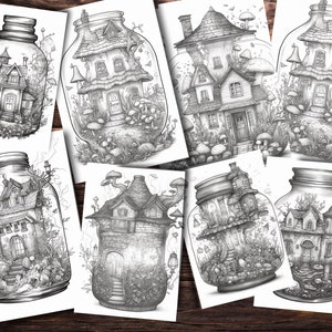 Fairy House in Jar Coloring Pages, Grayscale Coloring Book (printable ...