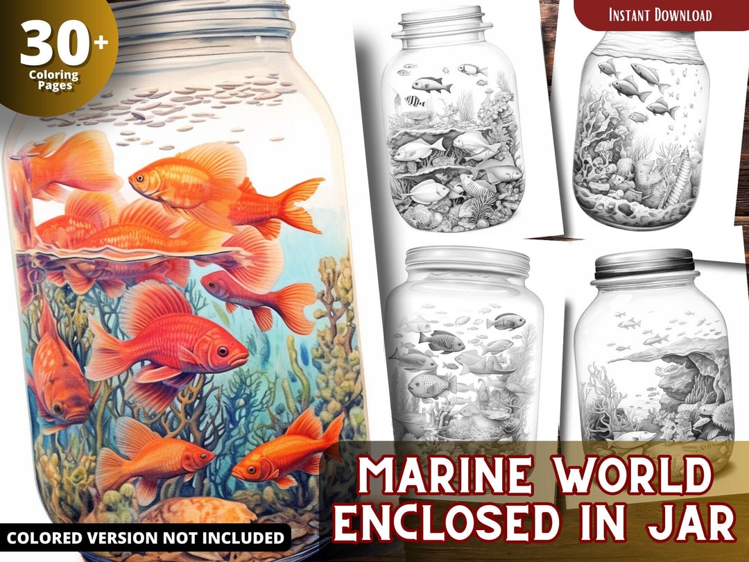 Marine World Enclosed in Jar Coloring Pages for Adults and for Kids ...