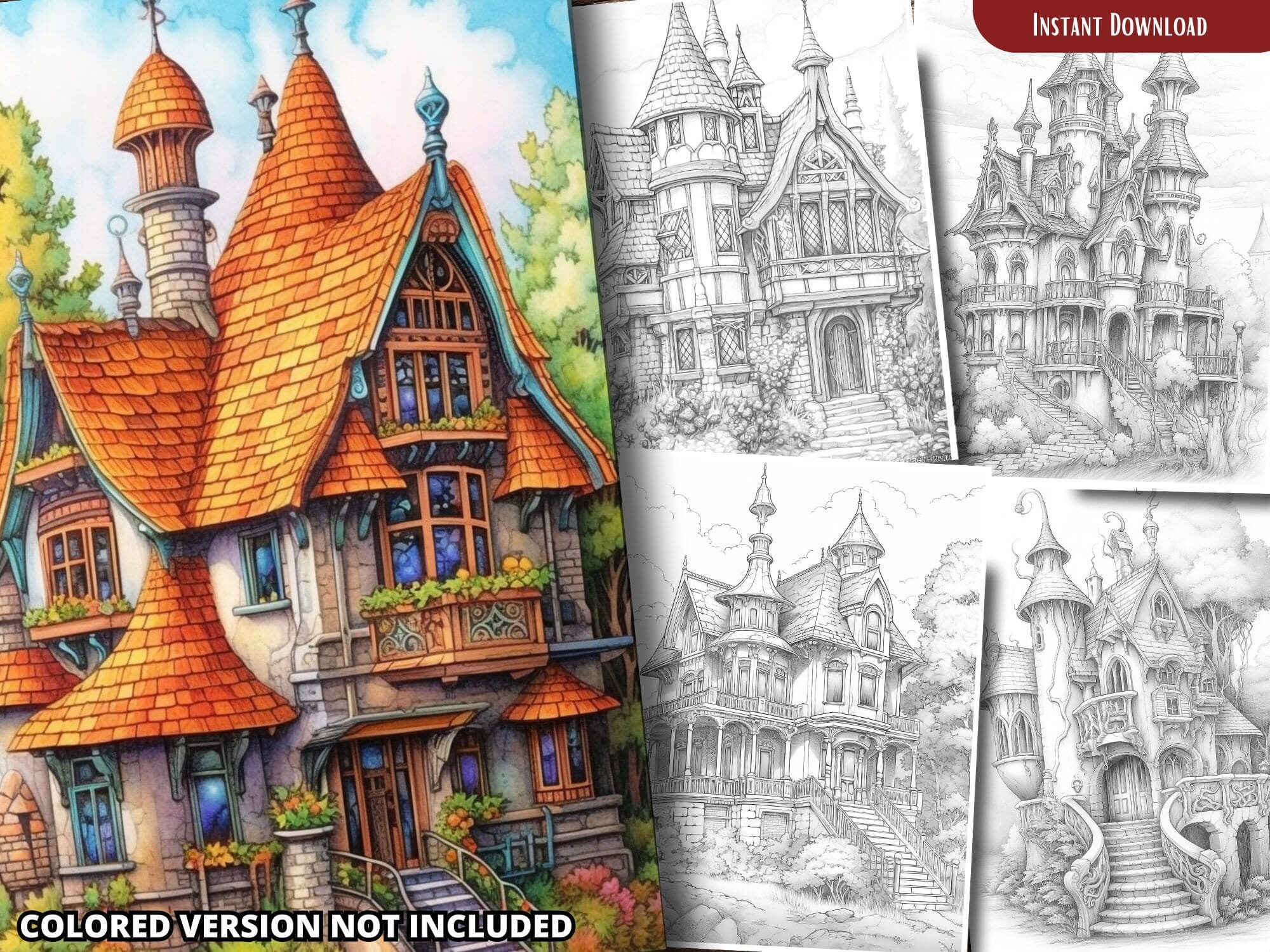 Gothic House Coloring Pages for Adults and for Kids Grayscale Coloring ...
