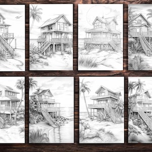 Beach House Coloring Pages for Adults and for Kids for Relax and Stress ...