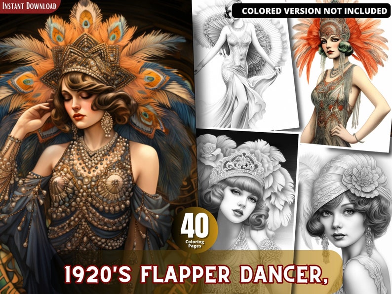 1920's Flapper Dancer Coloring Pages for Adults and for Kids Grayscale Coloring, Printable PDF ...