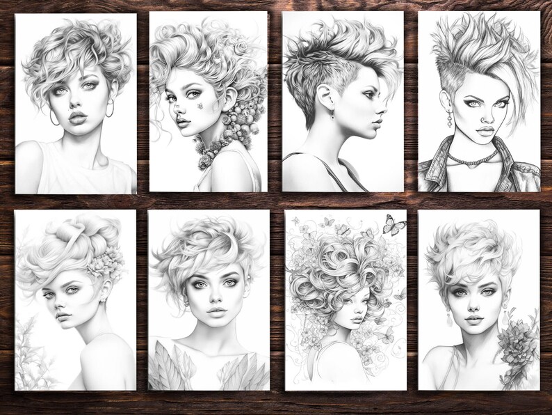 Hair Style Coloring Pages for Adults and for Kids, Grayscale Coloring ...