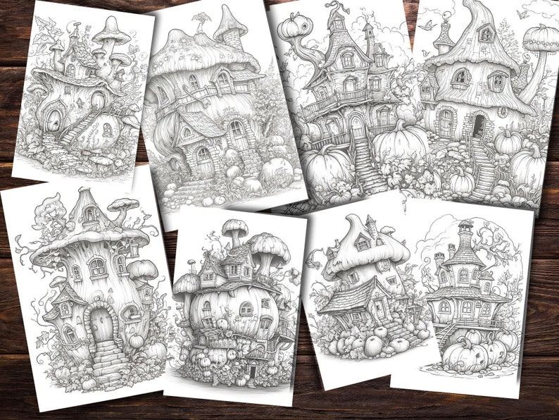 Pumpkin Fairy Houses Coloring Pages for Adults and for Kids for Relax ...