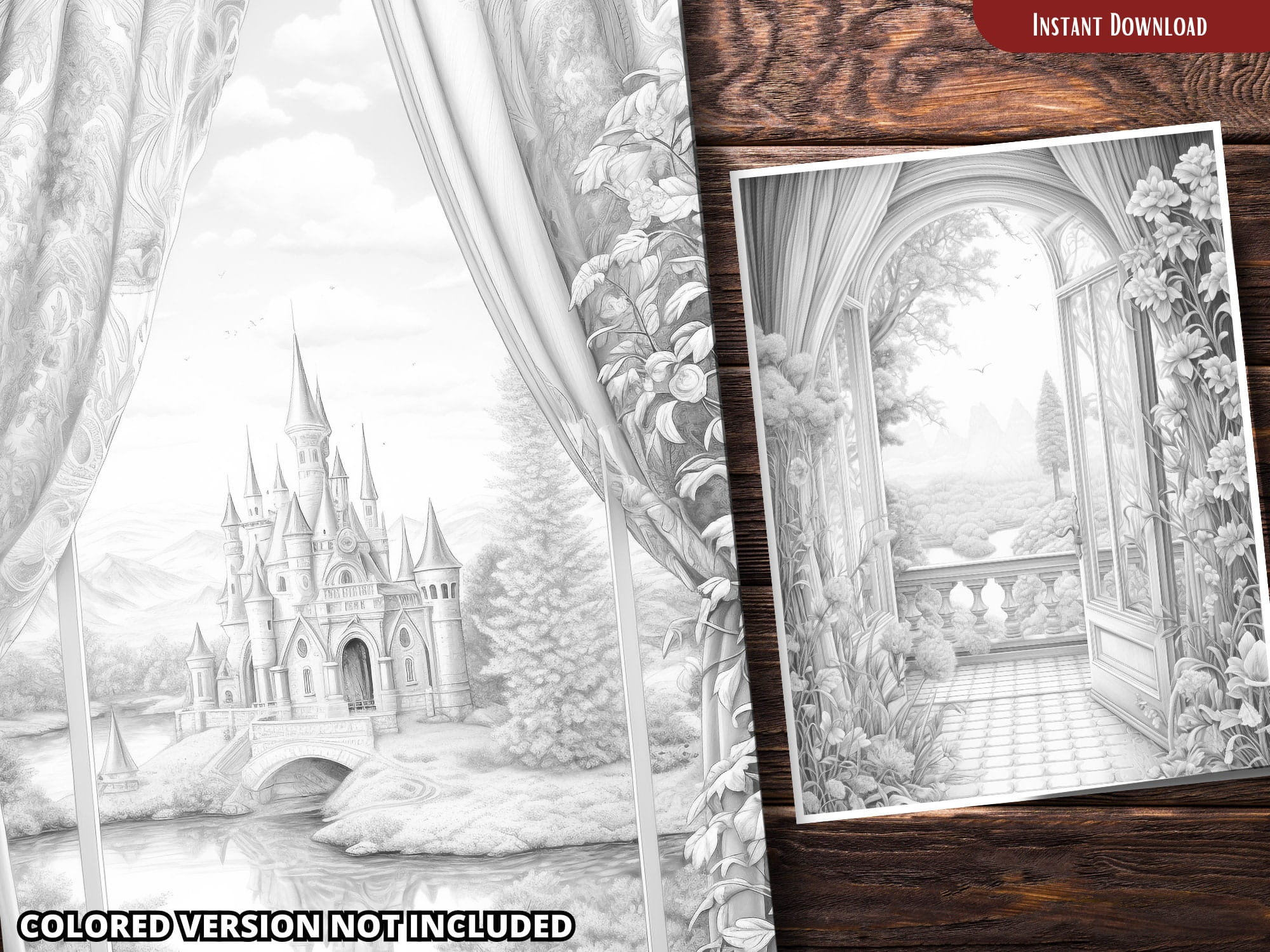 Magical Fantasy Window Landscape Coloring Pages for Adults and for Kids ...