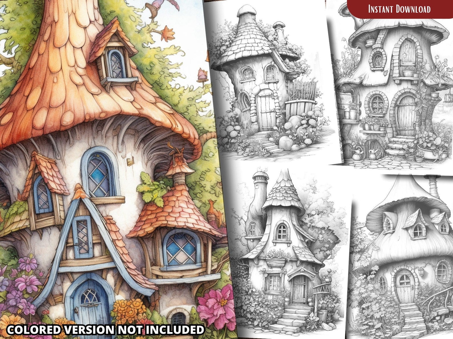 Fairy Houses Coloring Pages for Adults and for Kids Grayscale Coloring ...