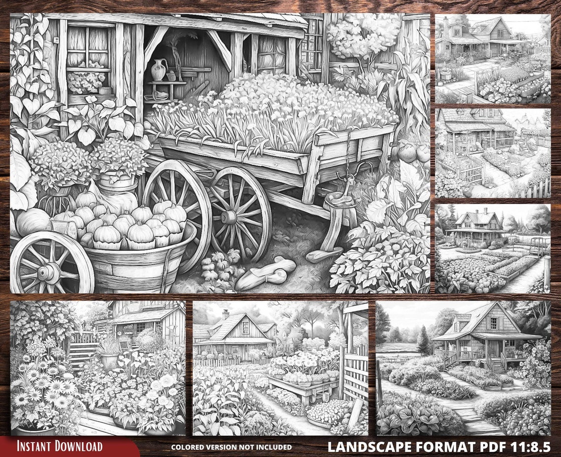 Farmer Garden , 36 Coloring Pages for Adults and for Kids, Grayscale ...