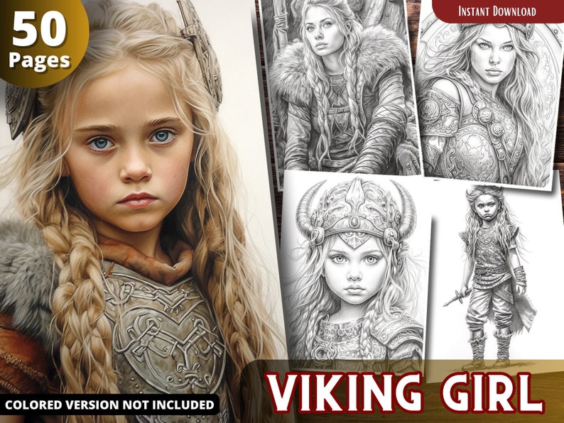Viking Girl Coloring Pages for Adults and for Kids Grayscale Coloring ...