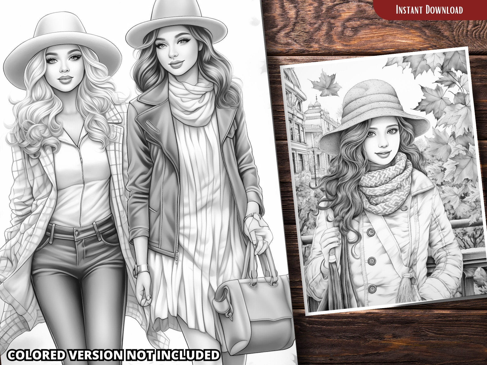 Fall Season Fashion Coloring Pages for Adults and for Kids Grayscale ...