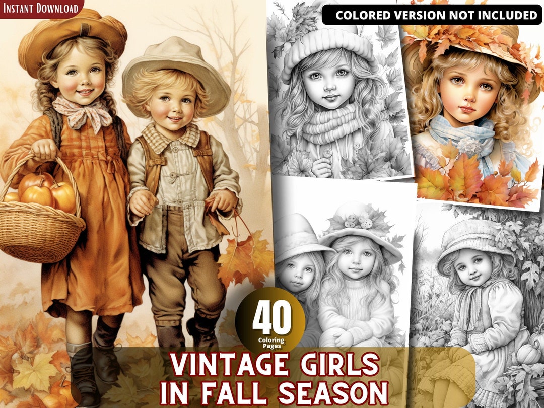 Fall Season Vintage Girls Coloring Pages for Adults and for Kids ...