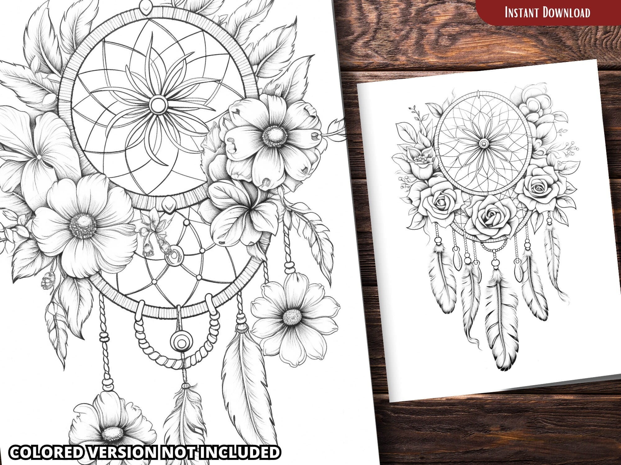 Dreamcatcher Flowers Coloring Pages for Adults and for Kids Grayscale ...