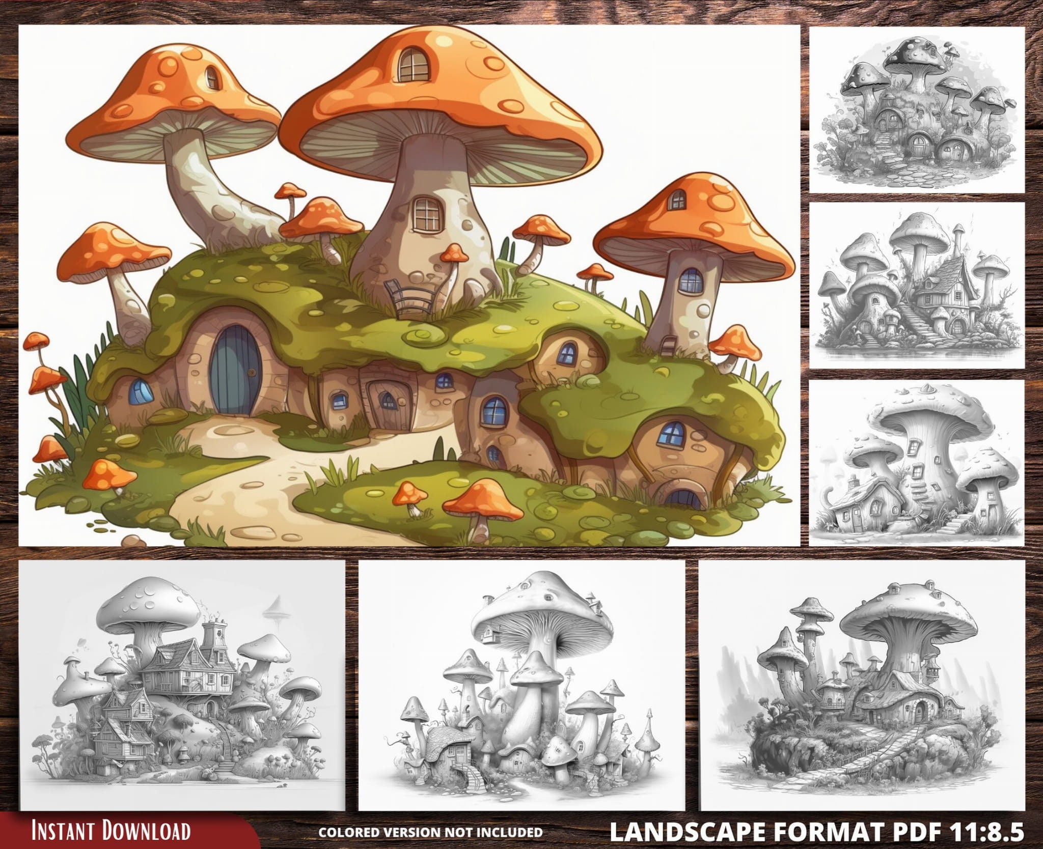 Mushroom House Village Coloring Pages for Adults and for Kids for Relax ...