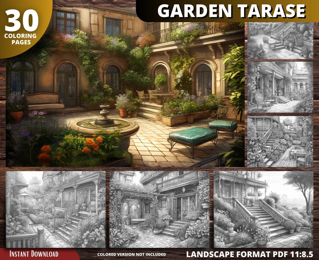 Garden Terrace Grayscale Coloring Pages, Adult & Kids (printable PDF ...