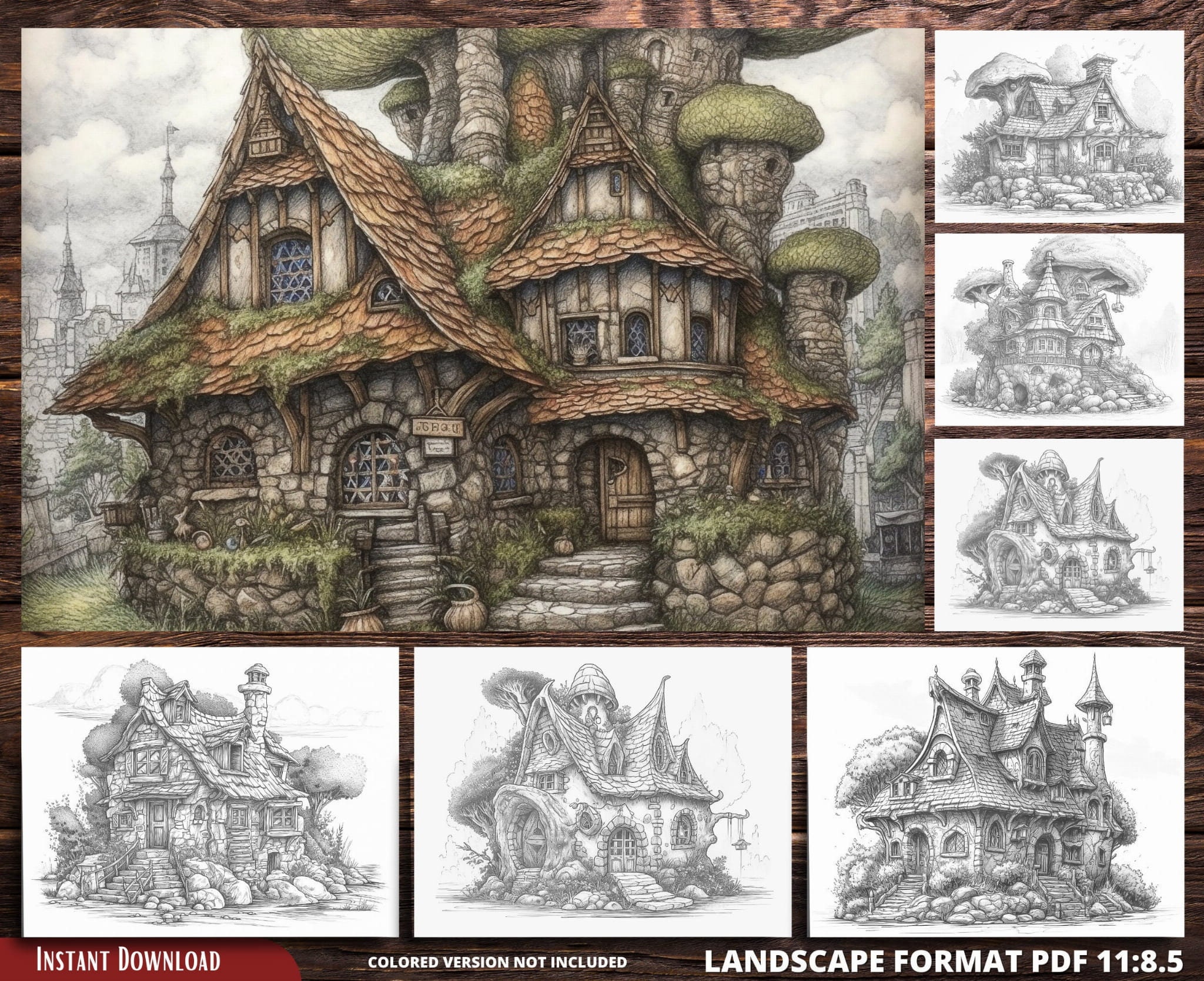 Stone Houses Coloring Pages for Adults and for Kids Grayscale Coloring ...