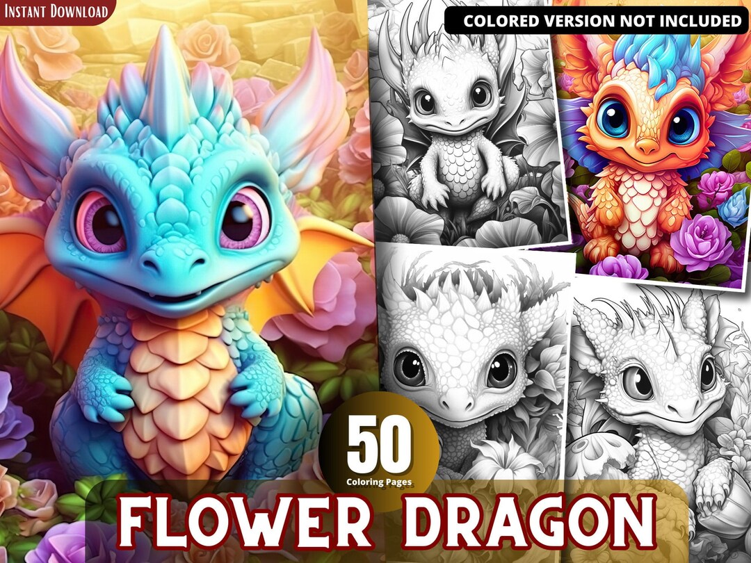 Flower Dragon Coloring Pages for Adults and for Kids, Grayscale ...