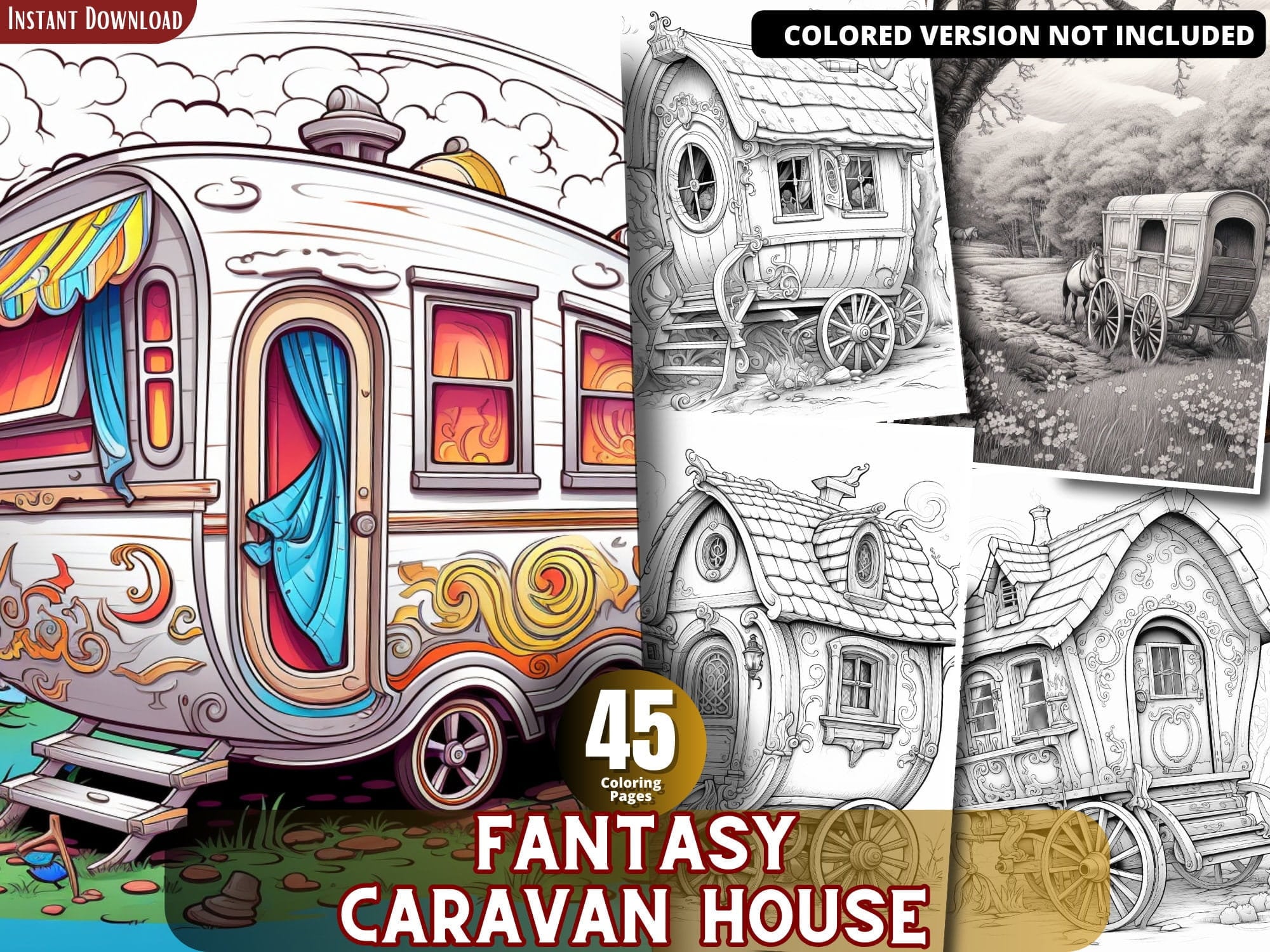 Fantasy Caravan House Coloring Pages for Adults and for Kids Grayscale ...