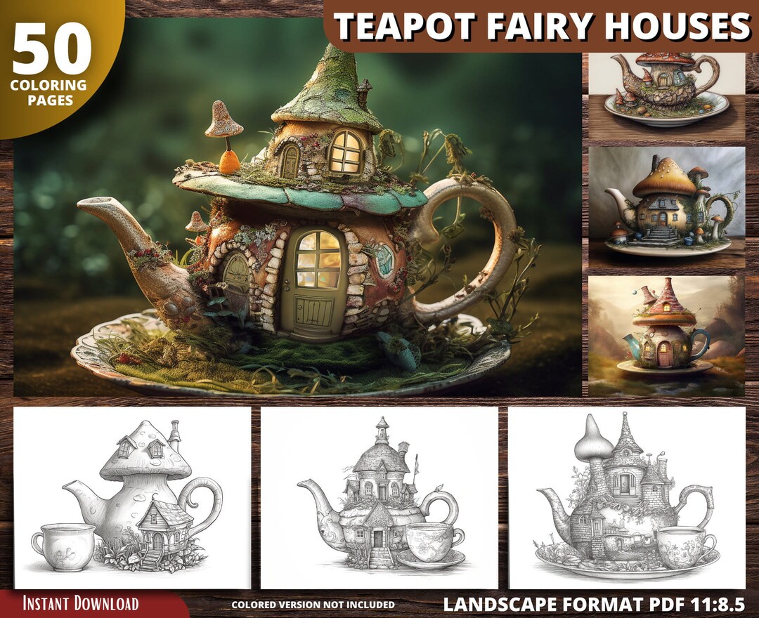 Teapot Fairy Houses Coloringpages for Adults and for Kids for Relax and ...